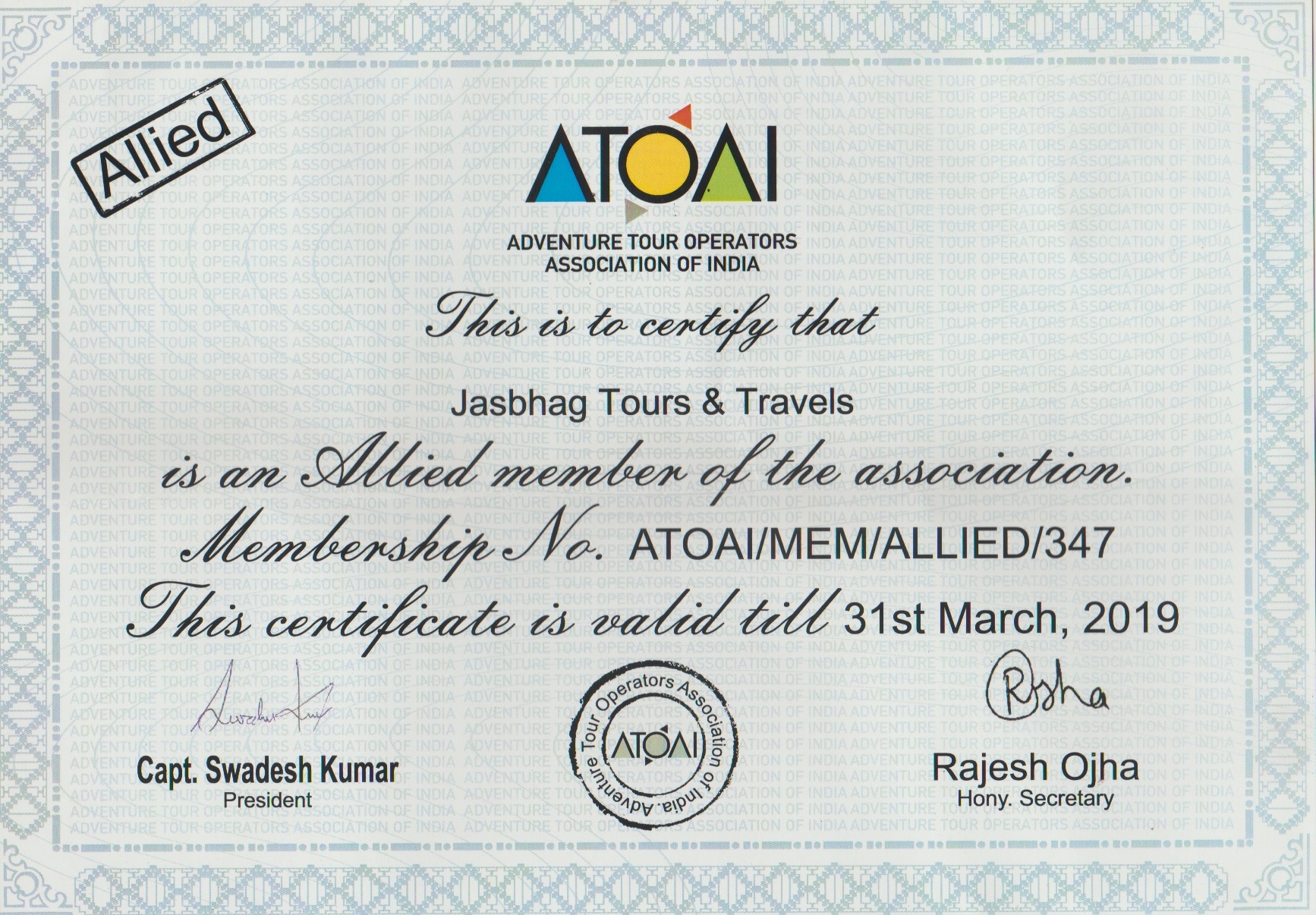 OUR RECOGNITIONS - Jasbhag Tours and Travels