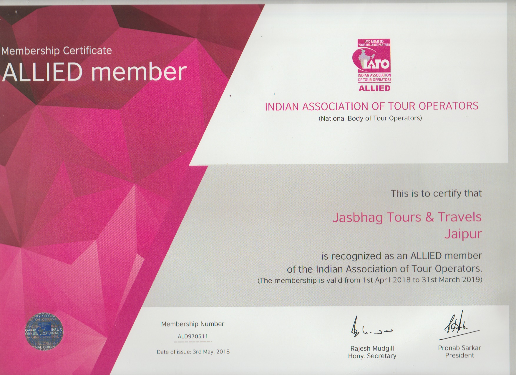 OUR RECOGNITIONS - Jasbhag Tours and Travels